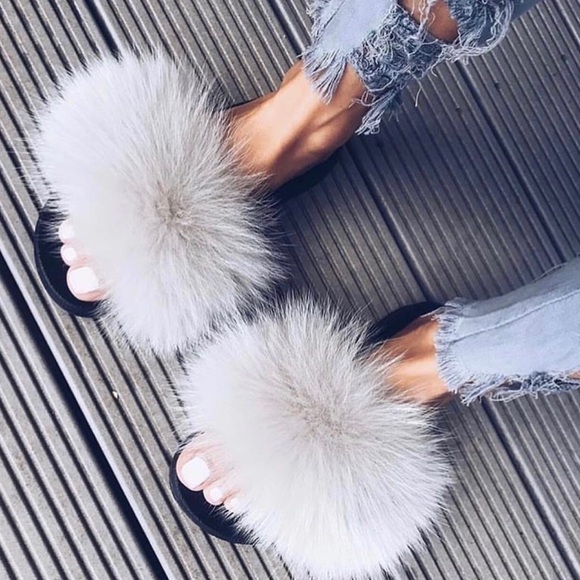 Shoes | Last Luxury Fox Fur Oversized Pom Slides | Poshmark